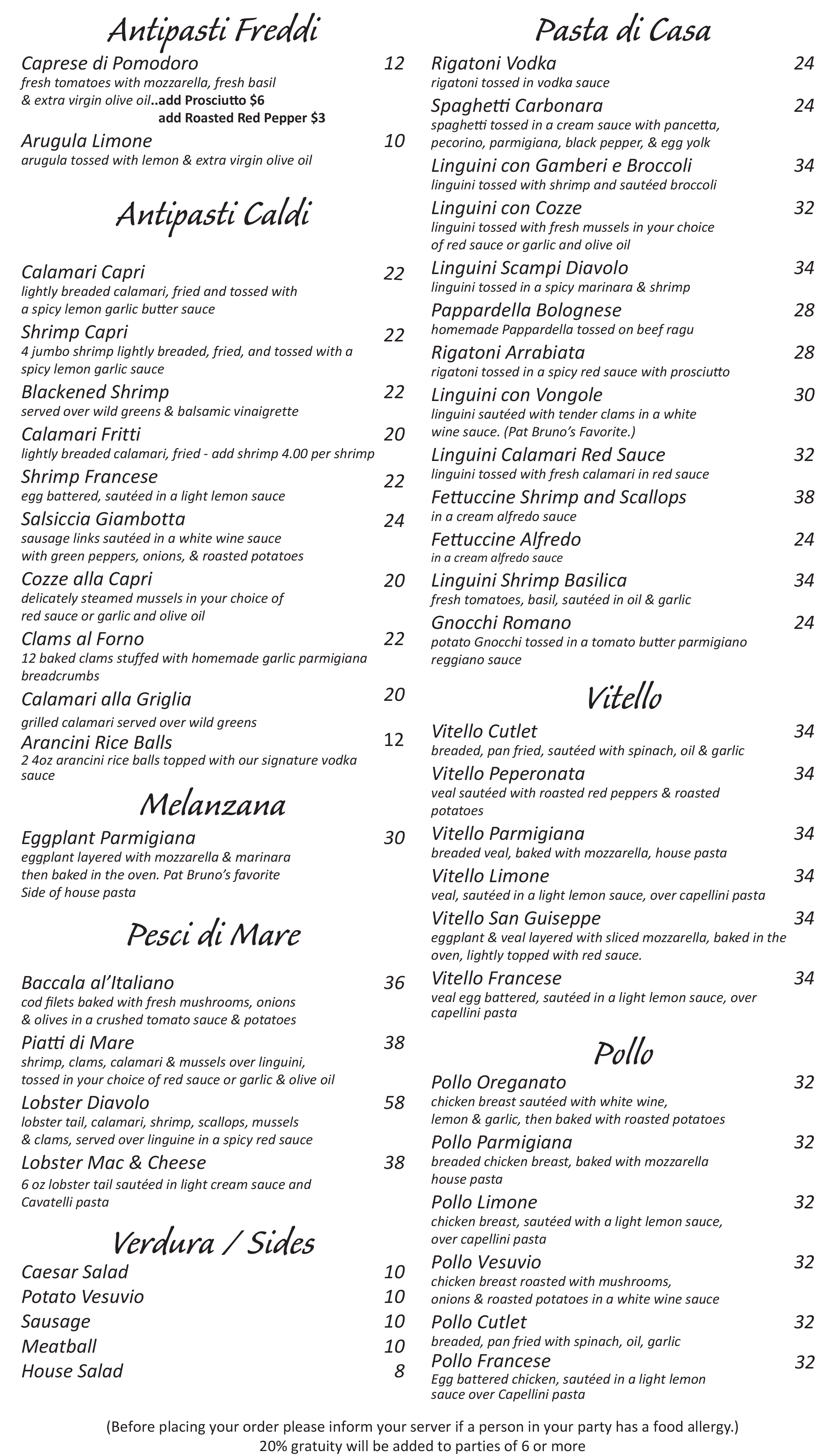 Coastal Capri Menu
