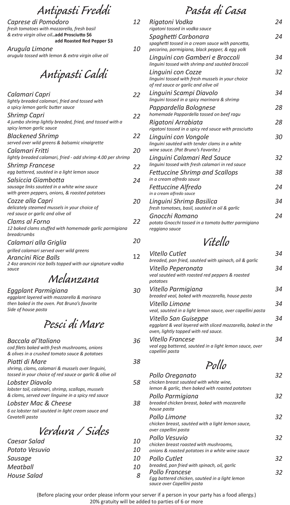 Coastal Capri Menu