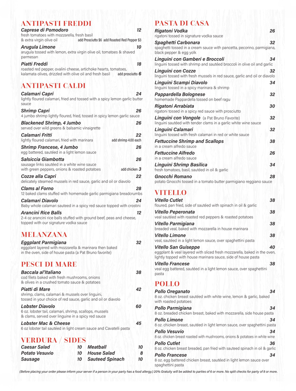 Coastal Capri Menu
